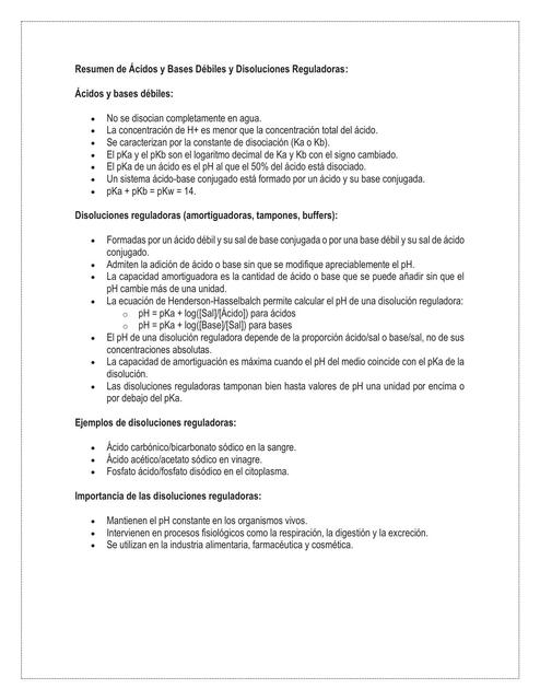 Resumen de Ácidos y Bases Débiles y Disoluciones Reguladoras | Sharon ...