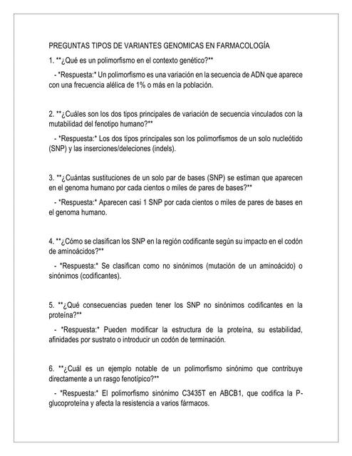 Preguntas tipos de variantes genómicas en farmacología | Sharon ...