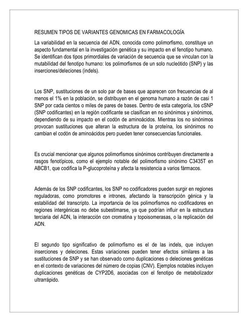 Resumen tipos de variantes genómicas en farmacología | Sharon Velazquez ...
