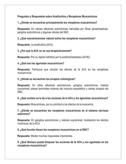 Preguntas y Respuestas sobre Acetilcolina | Sharon Velazquez.A | uDocz Preguntas y Respuestas sobre Acetilcolina | Sharon Velazquez.A | uDocz