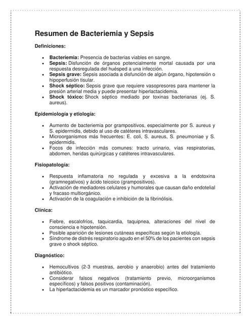 Resumen de Bacteriemia y Sepsis (elementos principales) | Sharon ...