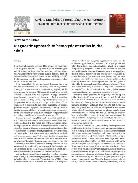 Diagnostic approach to hemolytic anemias in the adult | Laura Ortega ...
