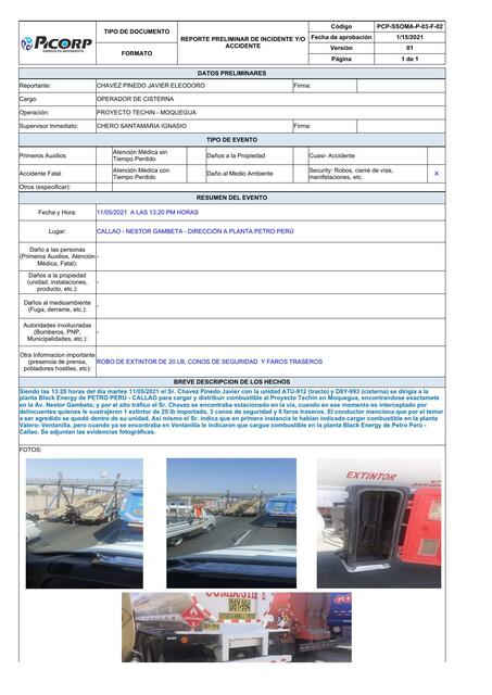 Reporte Preliminar de Incidente o Accidente | JONATHAN RICHARD SANTIAGO ARROYO | uDocz