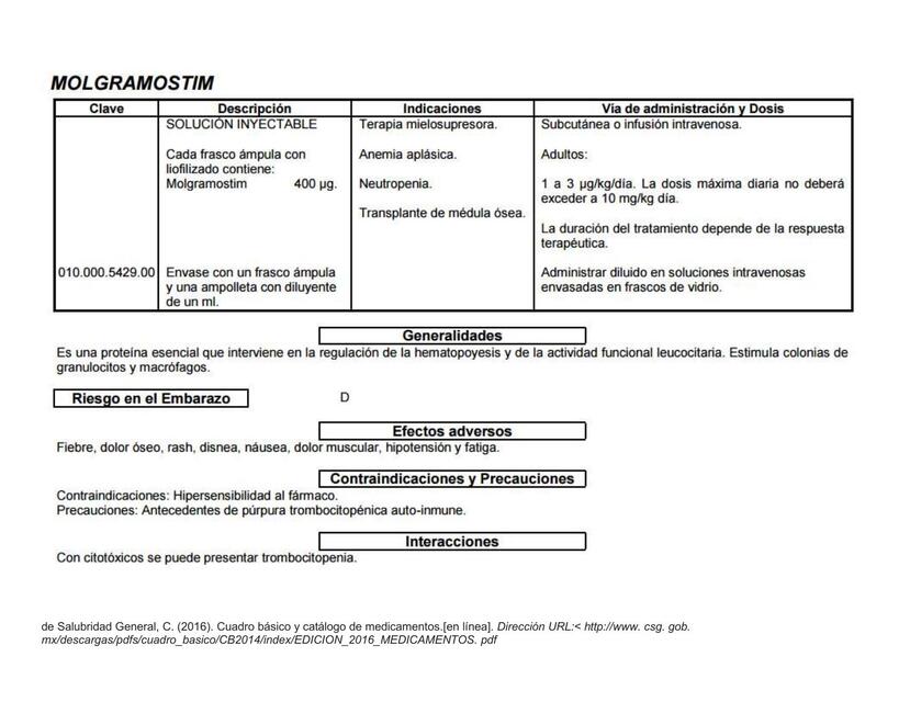 Molgramostim- cuadro usos e indicaciones | Sharon Velazquez.A | uDocz
