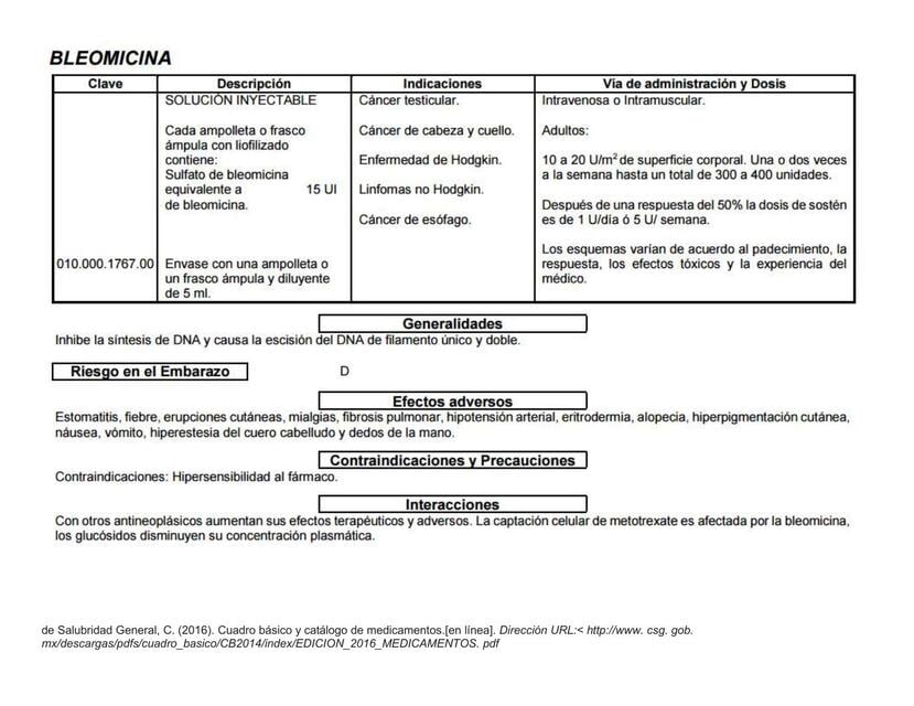 Bleomicina-cuadro usos e indicaciones | Sharon Velazquez.A | uDocz