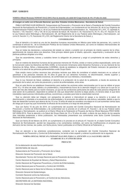 NORMA Oficial Mexicana NOM-047-SSA2-2015, Para la atención a la salud ...