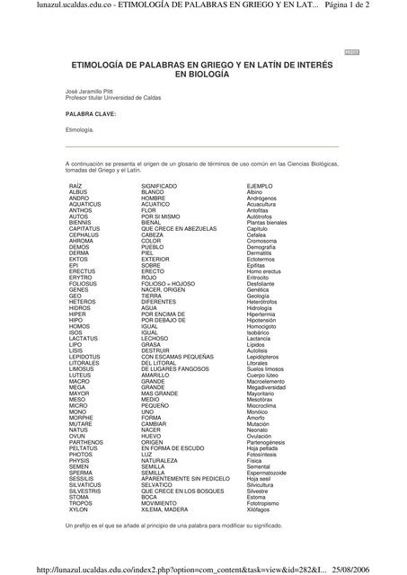 ETIMOLOGÍA DE PALABRAS EN GRIEGO Y EN LATÍN DE INTERÉS EN BIOLOGÍA ...