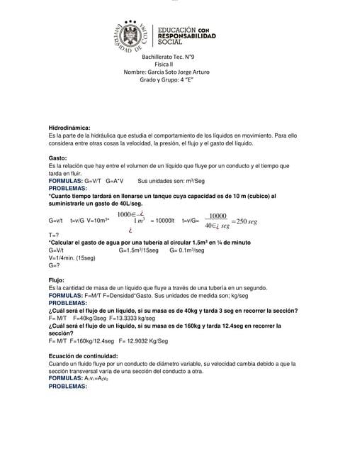 Ejercicio física ll Conceptos y Formulas de Gasto Hidrodinámica ...