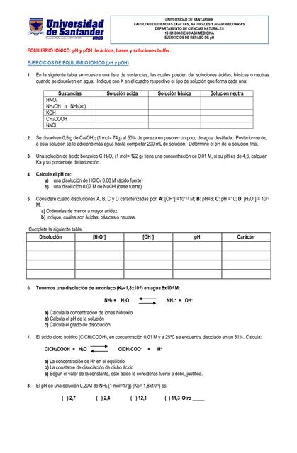 Equilibrio Iónico: pH y pOH de Ácidos, Bases y Soluciones Buffer | DAVID LOZANO | uDocz