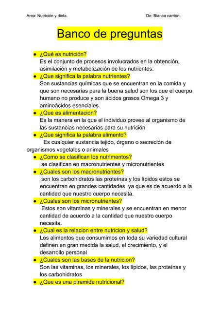 Banco de Preguntas Nutrición | So-Bianca Carrion | uDocz