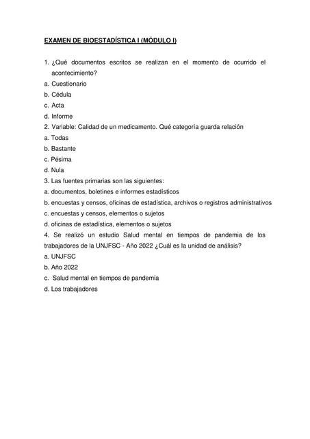 Examen de bioestadística módulo I | Antonella Rivadeneyra Ramirez | uDocz