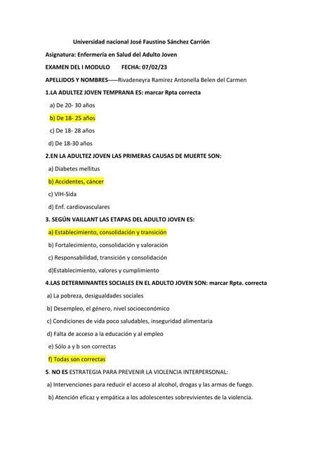 EXAMEN I MODULO ENF SALUD ADULTO JOVEN | Antonella Rivadeneyra Ramirez | uDocz
