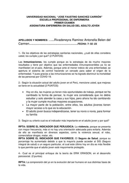 Primer Examen Adulto joven | Antonella Rivadeneyra Ramirez | uDocz