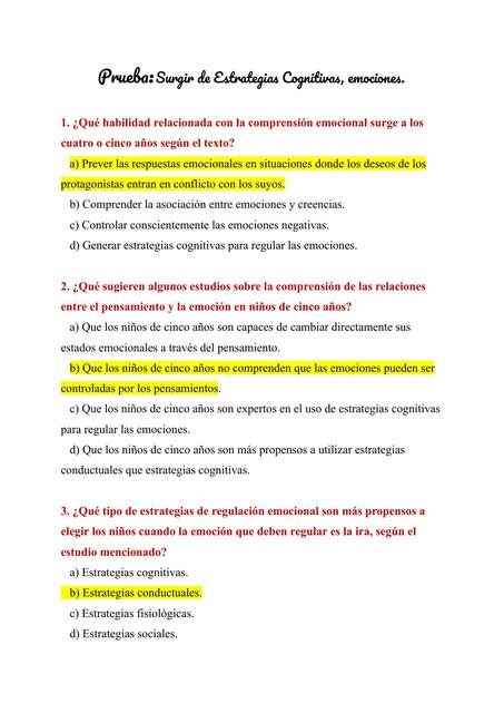 Prueba sobre el surgir de Estrategias Cognitivas, emociones | Educación Especial | uDocz