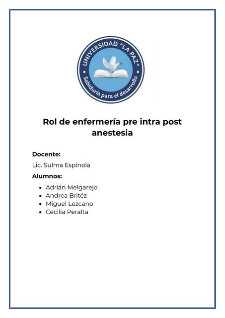 Rol de Anestesia Pre Intra Post Anestesia | Monse Gauto | uDocz