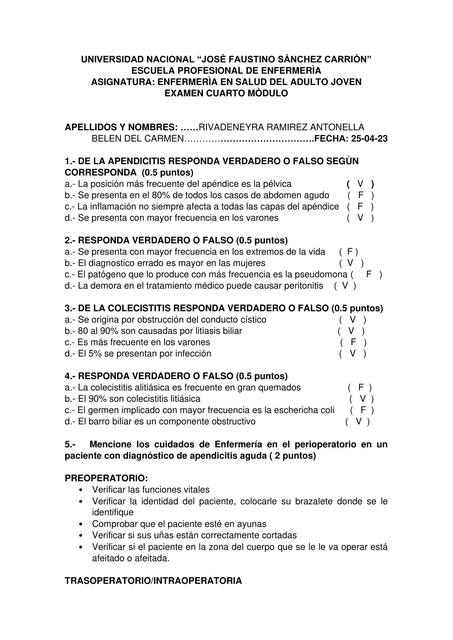 Examen cuarto Módulo Enfermería en Salud del Adulto joven | Antonella Rivadeneyra Ramirez | uDocz
