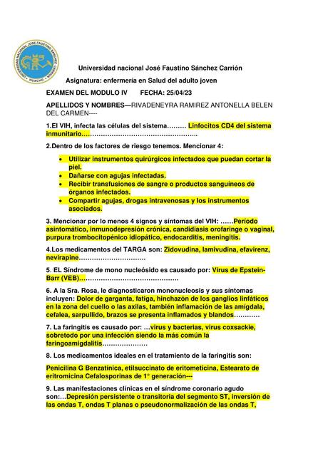 Examen de enfermería en Salud del adulto joven | Antonella Rivadeneyra Ramirez | uDocz