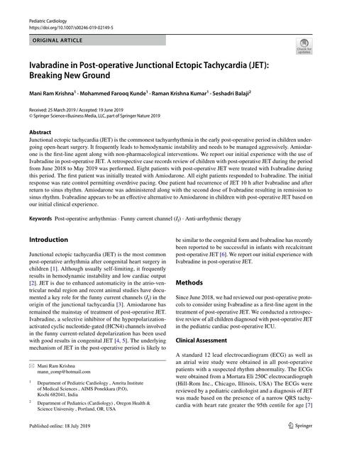 Ivabradine in Post‑operative Junctional Ectopic Tachycardia (JET ...