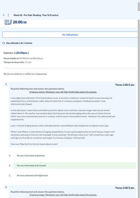 Week 02 Pre Task Reading Time to practice | Cristhian Erick Marca Pacheco | uDocz