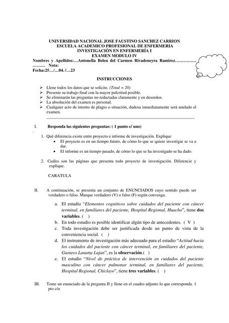 EXAMEN FINAL IV Módulo investigación | Antonella Rivadeneyra Ramirez | uDocz