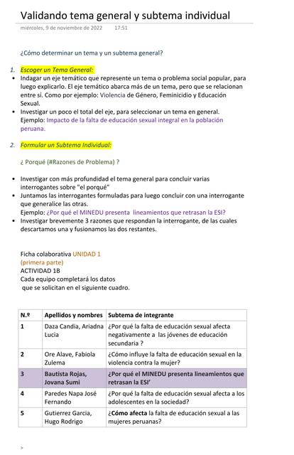 Validando Tema General y Subtema Individual | jovana | uDocz