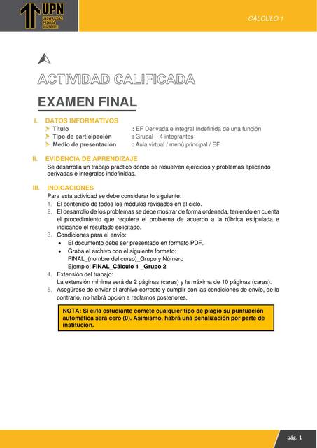 Examen final Calculo 1 Grupo 19 | Julio | uDocz