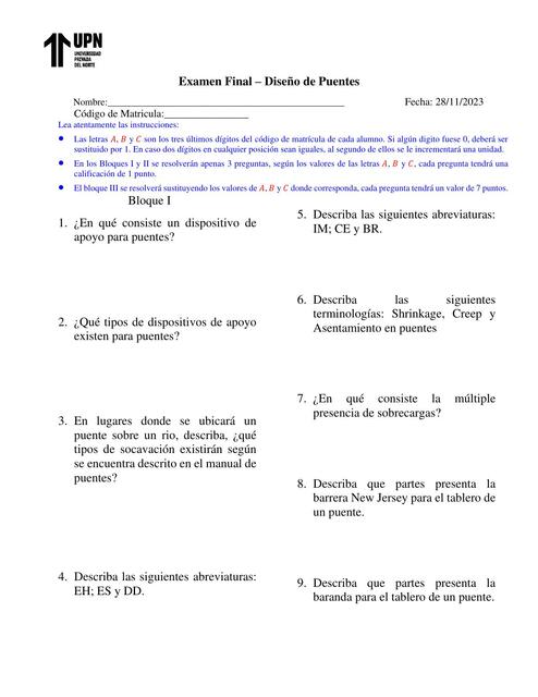 Examen Final- Diseño de Puentes | Joshua | uDocz