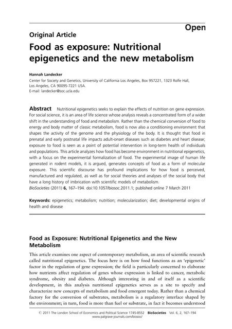 Los alimentos como exposición: Nutrial epigenética y el nuevo ...