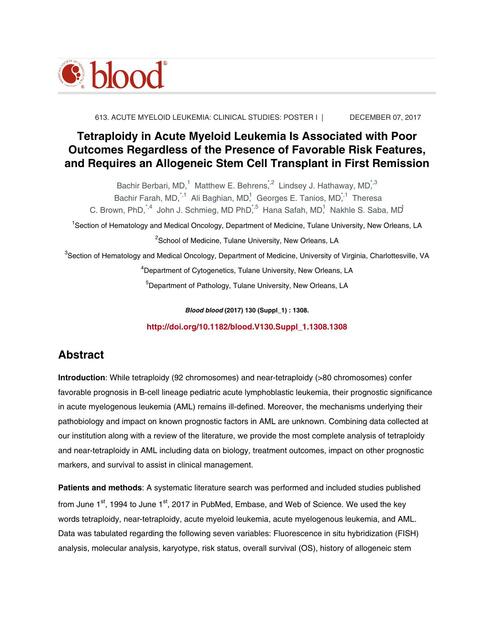 Tetraploidy in Acute Myeloid Leukemia Is Associated with PoorOutcomes ...