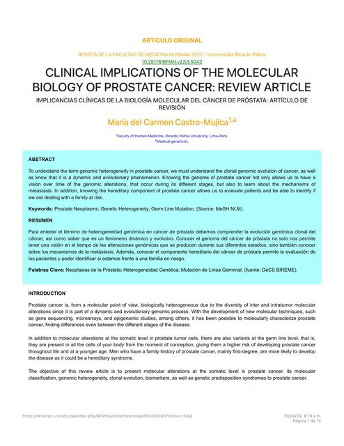 CLINICAL IMPLICATIONS OF THE MOLECULAR BIOLOGY OF PROSTATE CANCER: REVIEW ARTICLE | LIZETH ...