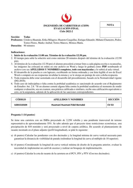Evaluación final ingeniería de carreteras | Angielina | uDocz