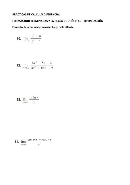 PRÁCTICAS DE CÁLCULO DIFERENCIAL FORMAS INDETERMINADAS Y OPTIMIZACIÓN 2 ...