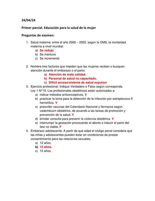Primer parcial educación para la salud de la mujer (EPS) OBS | Placentados | uDocz