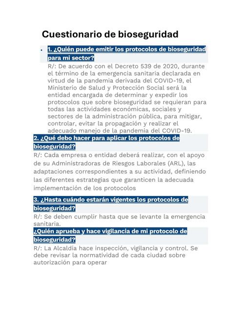 Cuestionario de bioseguridad | Aura Ester Peréz Rada | uDocz