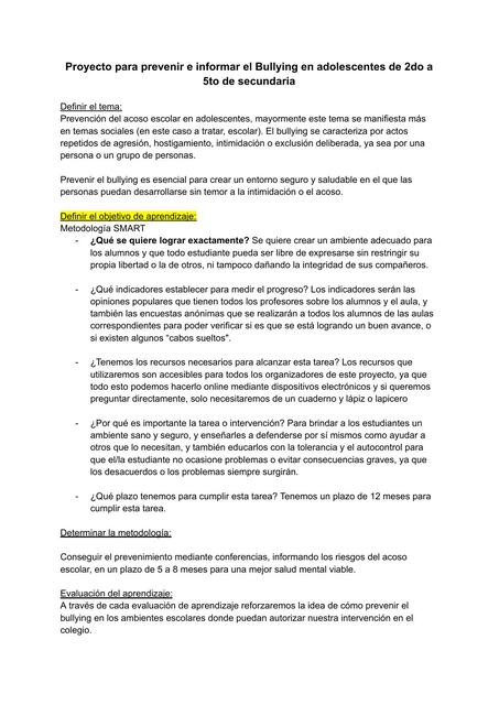 Proyecto para Prevenir e Informar el Bullying en Adolescentes de 2do a ...