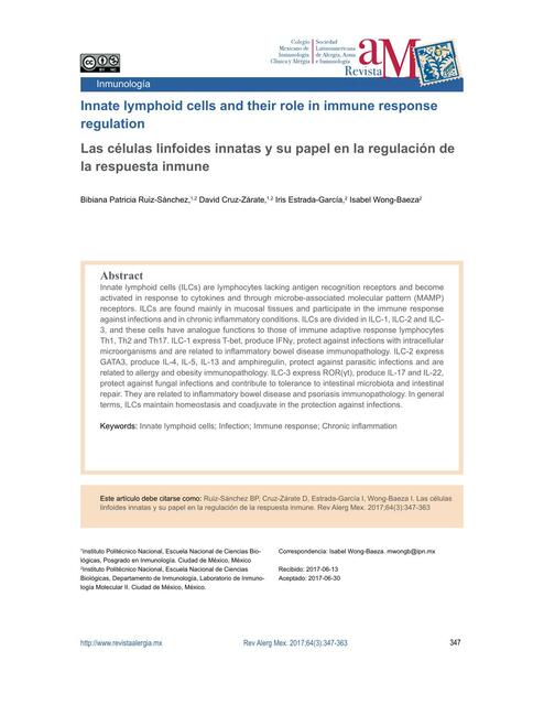 Las Células Linfoides Innatas y su Papel en la Regulación de la Respuesta Inmune | Valeria | uDocz
