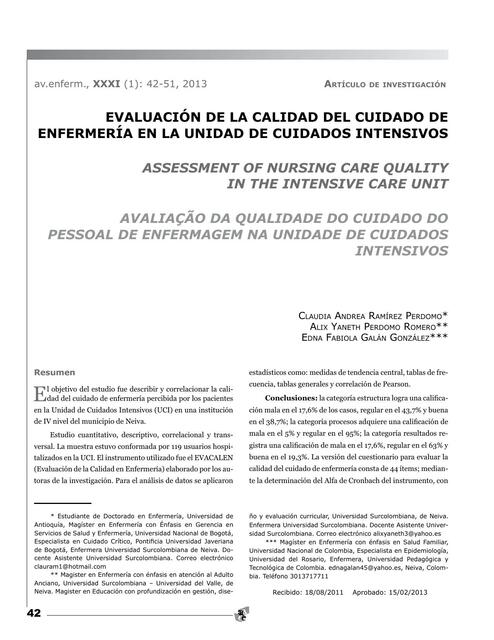 Evaluación de la calidad del cuidado de enfermería en la unidad de cuidados intensivos ...