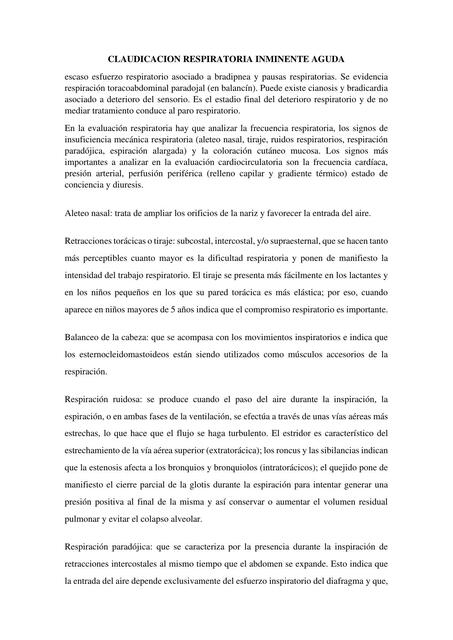 CLAUDICACION RESPIRATORIA INMINENTE AGUDA | Michelle Tixilena | uDocz
