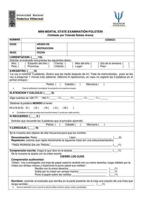 MINI MENTAL STATE EXAMINATIÓN-FOLSTEIN | Leyda | uDocz