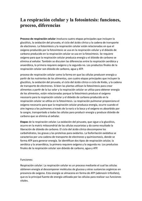 La respiración celular y la fotosíntesis | Fernanda Alca | uDocz