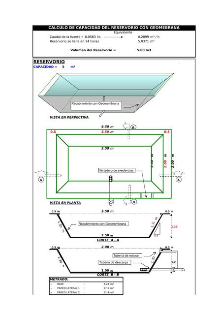 Calculo de capacidad de reservorio de 5m3 con Geomembrana | Plantillas de Excel de Ingeniería ...