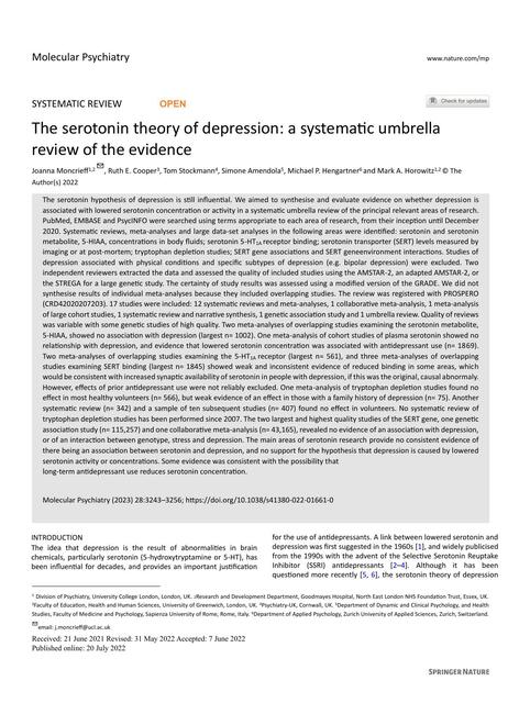 The serotonin theory of depression: a systematic umbrella review of the ...