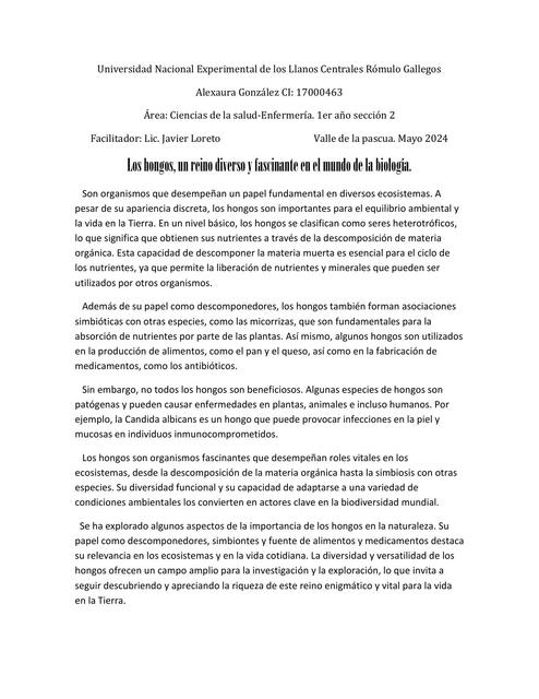 Ensayo de los hongos | Maria Gabriela Sanchez Gonzalez | uDocz