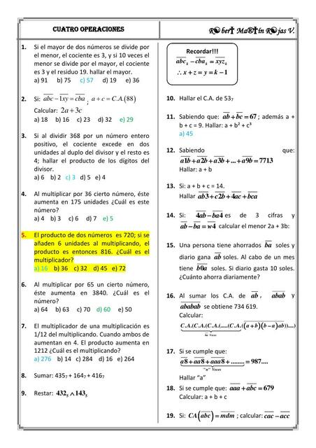 Raz Mat Cuatro Operaciones | Lenin Mirez Ruiz | uDocz