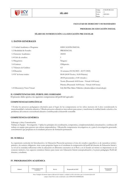 SILABO ACTUALIZADO INTRODUCCIÓN A LA EDUCACION PRE | Mirian Karen ...