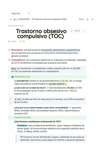 Trastorno obsesivo compulsivo TOC | Anaiz Ticona Flores | uDocz