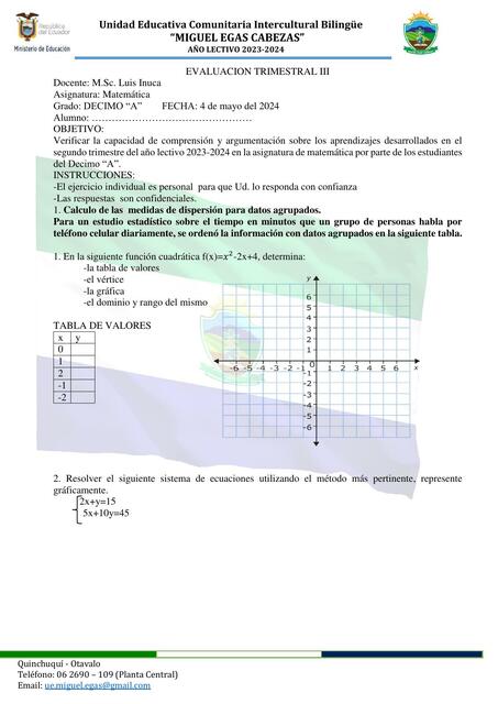 EVALUACION TRIMESTRAL III Décimo A Matemáticas | Andres | uDocz
