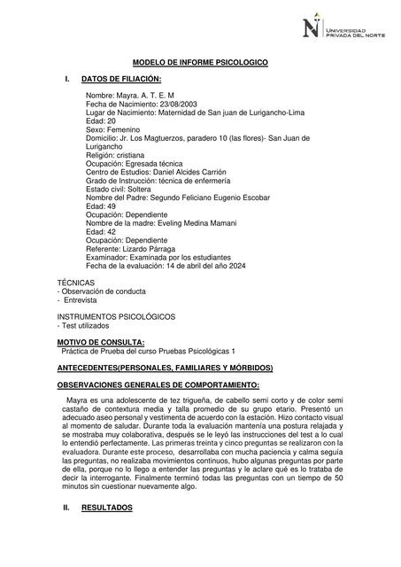 MODELO DE INFORME PSICOLOGICO 1 | Rossi | uDocz