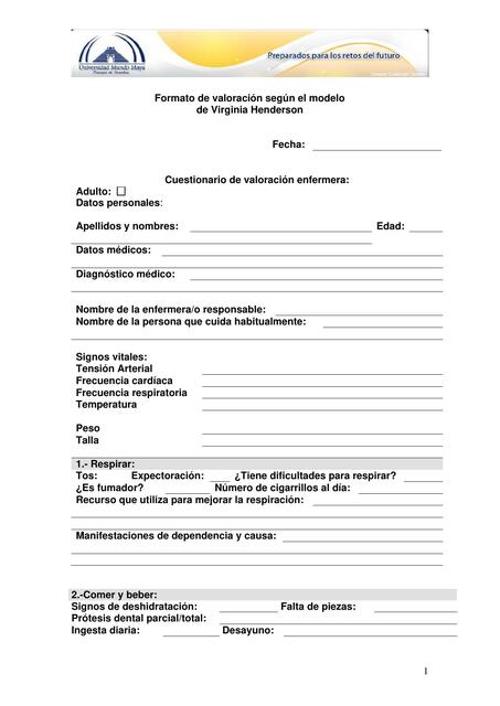 UMMA FORMATO DE VALORACIÓN VIRGINA HENDERSON | Suzette Reyes | uDocz