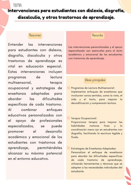 Intervenciones para estudiantes con dislexia, disgrafía, discalculia, y ...